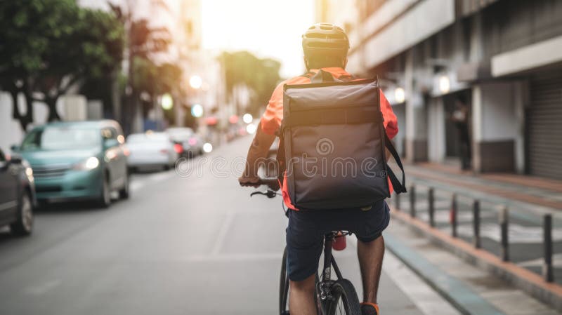 Delivery Rider Riding a Bicycle through the City with His Delivery ...