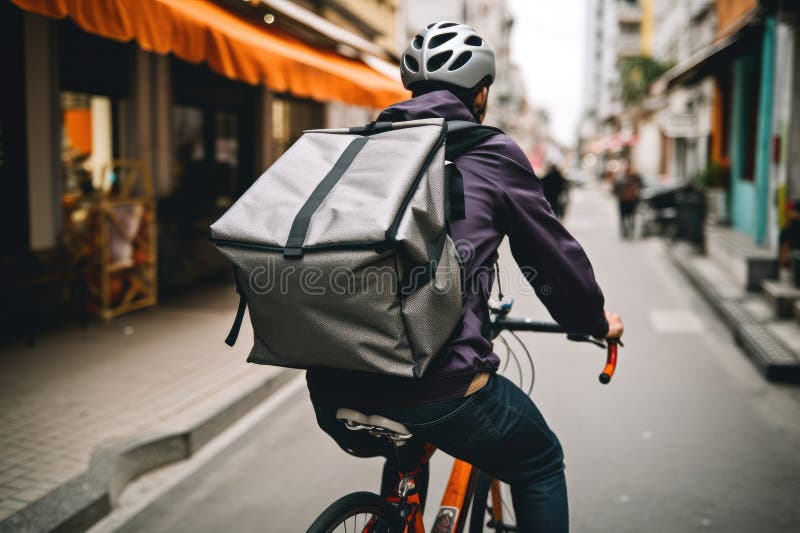Delivery Rider Riding a Bicycle through the City with His Delivery ...