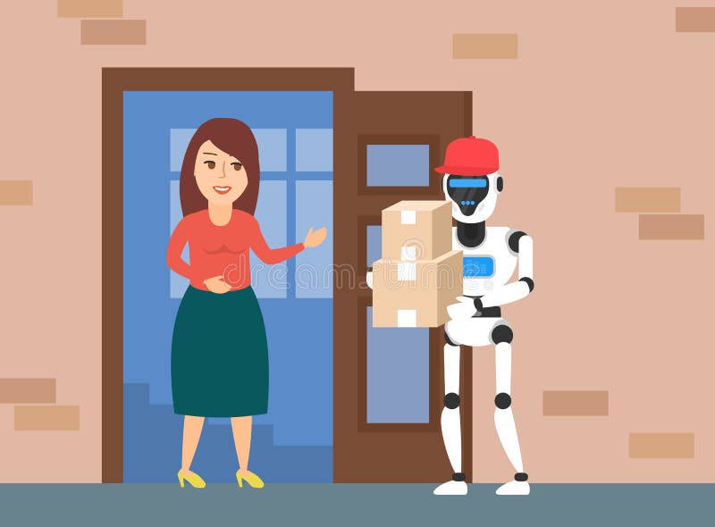Delivery Robot Courier with Boxes Woman Near Open Doorway Stock ...