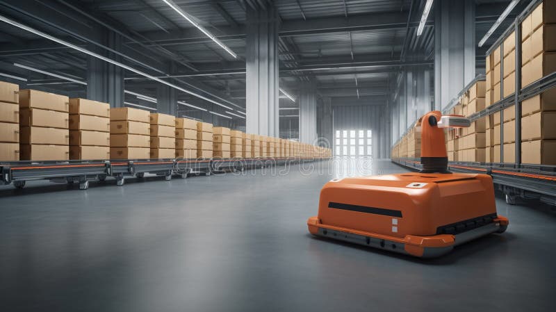 A Delivery Robot is Driving in the Warehouse. Autonomous Logistic ...