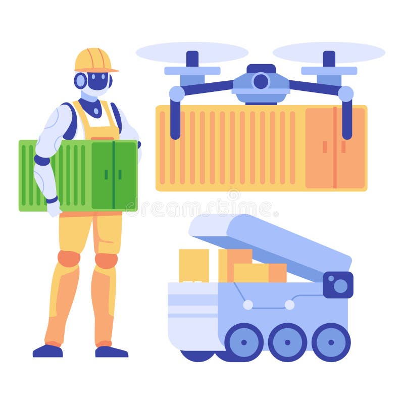 Delivery Robot with Drone and Cardboard Boxes. Delivery Service Concept ...