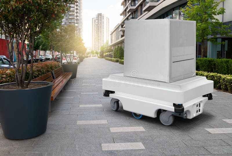Delivery Robot Transporting a Box on the Street Stock Image - Image of ...