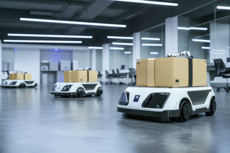 Delivery Robots Transport Packages in a Modern Office Space Stock ...