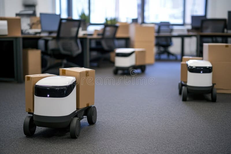 Delivery Robots Transporting Packages in a Modern Office Environment ...