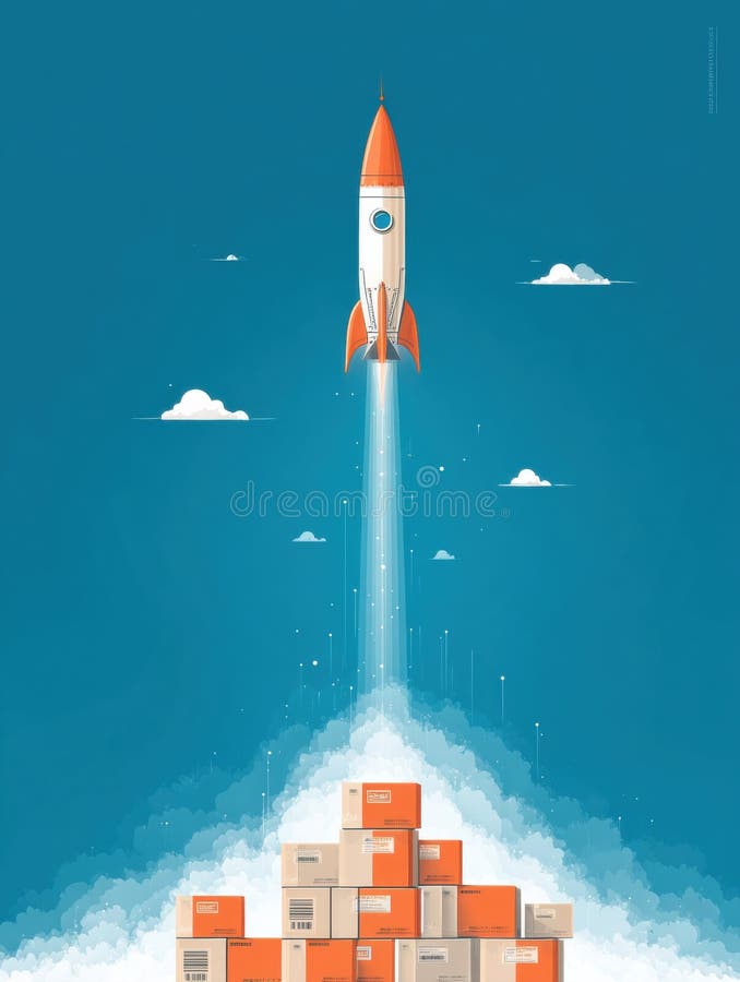 Delivery Rocket Ascends into Clear Blue Sky while Launching Parcels ...