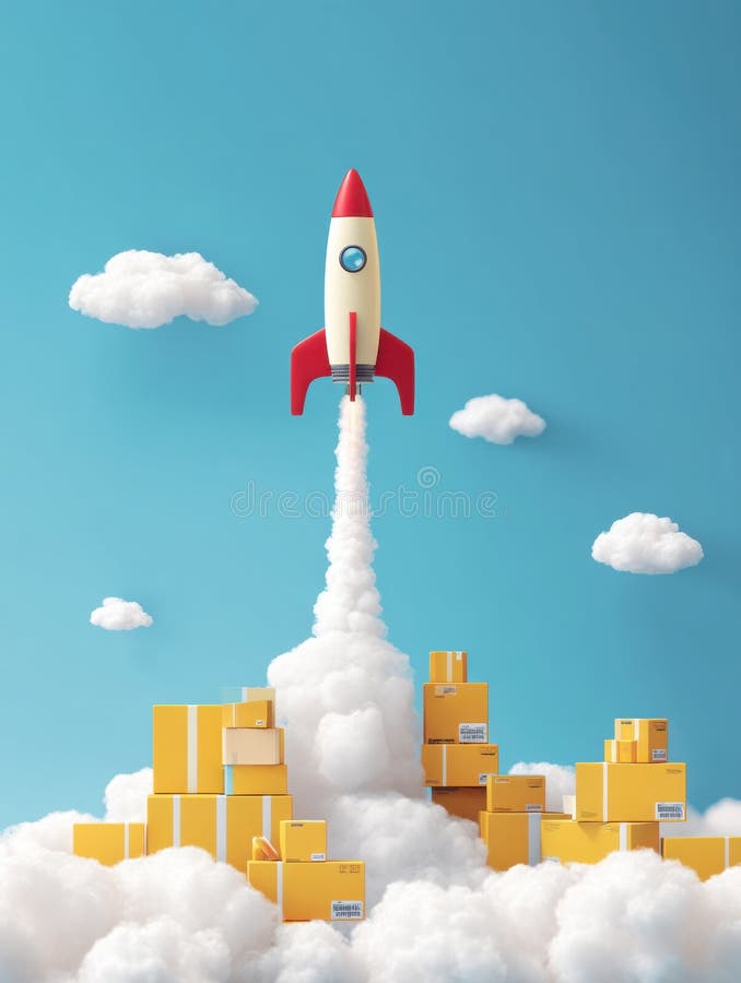 Delivery Rocket Launches Parcels into Blue Sky Surrounded by Clouds in ...