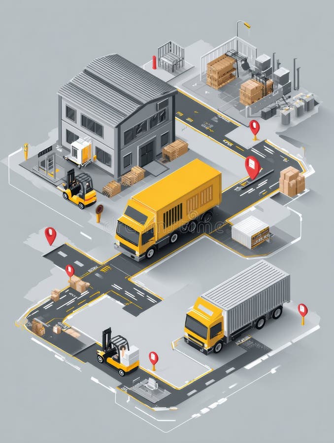 Delivery Route Illustration Showing Warehouse, Forklift, and Truck in ...