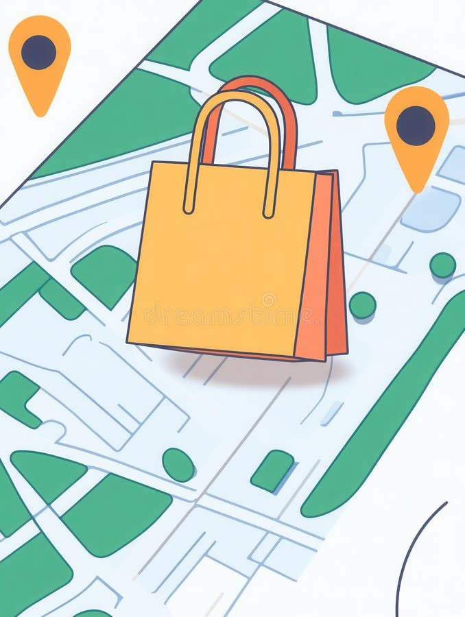 Delivery Route Map Featuring Grocery Bag Icon and Location Pins in a ...