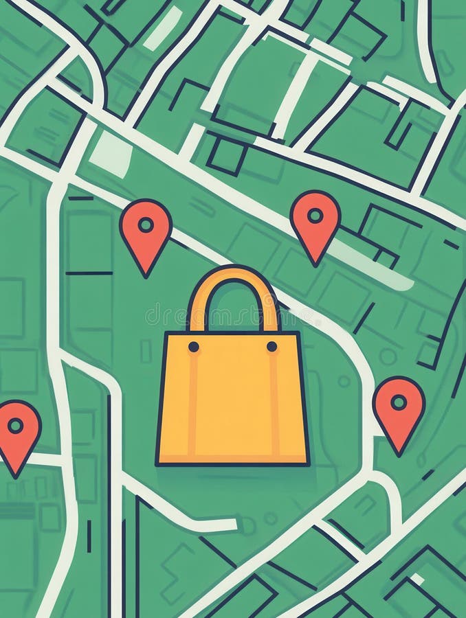 Delivery Route Map Illustration Featuring Grocery Bag Icon and Location ...