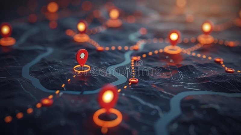 Delivery Route Optimization for Efficient Faster Delivery Shipment by Glowing Red Pins on Dark ...