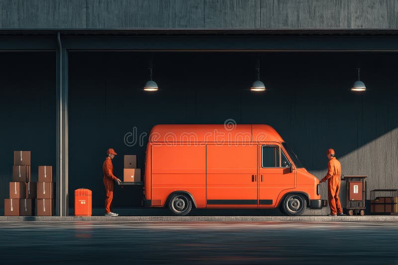 Delivery Scene with Van and Workers Loading Boxes in Modern Warehouse ...