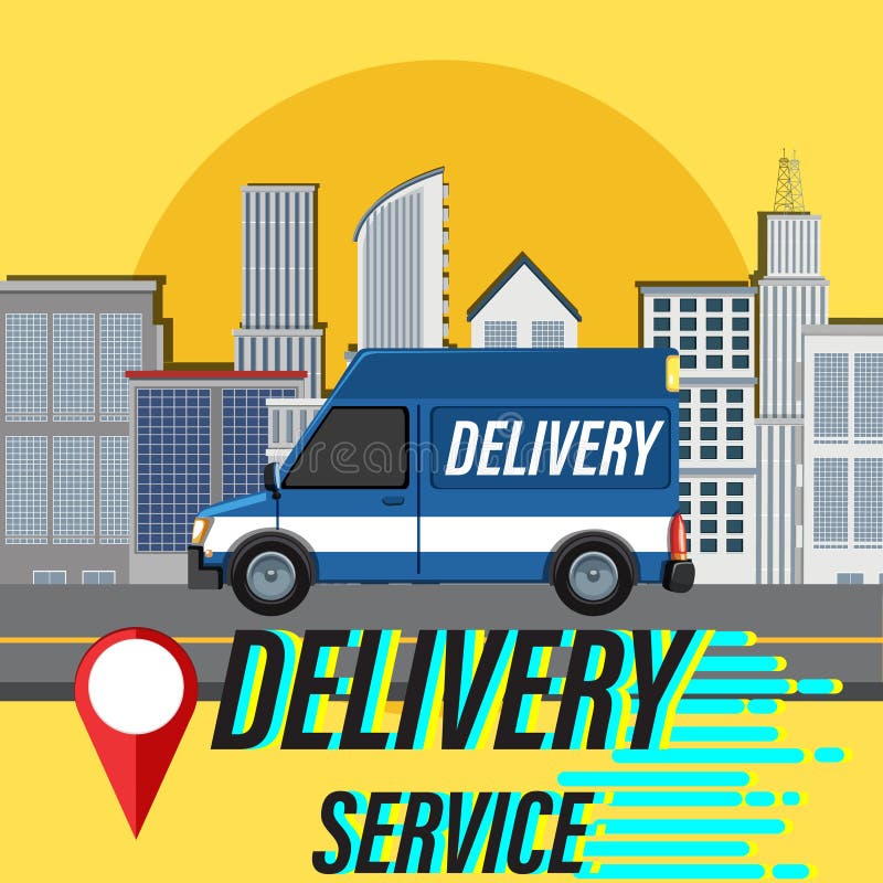 Delivery Service Banner with Panel Van in the City Stock Vector ...