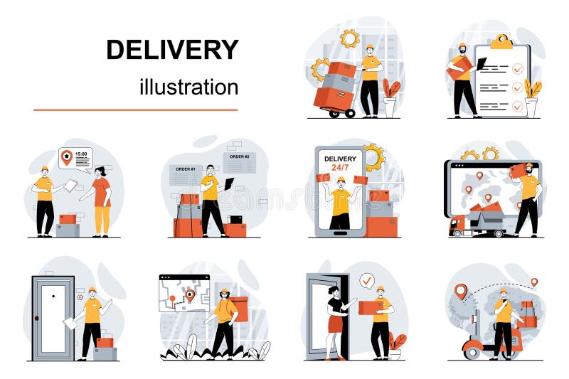 Delivery Service Concept with Character Situations Mega Set. Vector ...