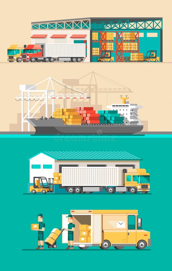 Delivery Service Concept. Container Cargo Ship Loading, Truck Loader ...