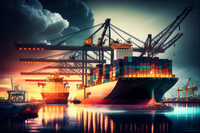 Delivery Service Concept. Container Cargo Ship Loading, Truck Loader ...