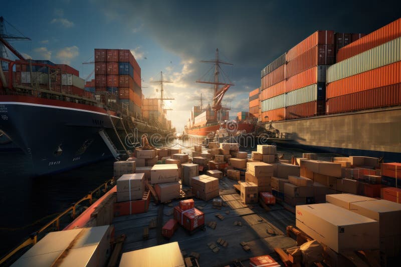 Delivery Service Concept. Container and Parcel Cardbox Cargo Ship ...