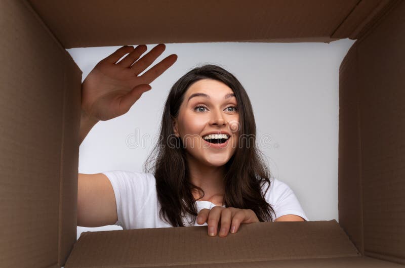 Excited Girl Looking Inside Empty Box, Bottom View Stock Image - Image ...