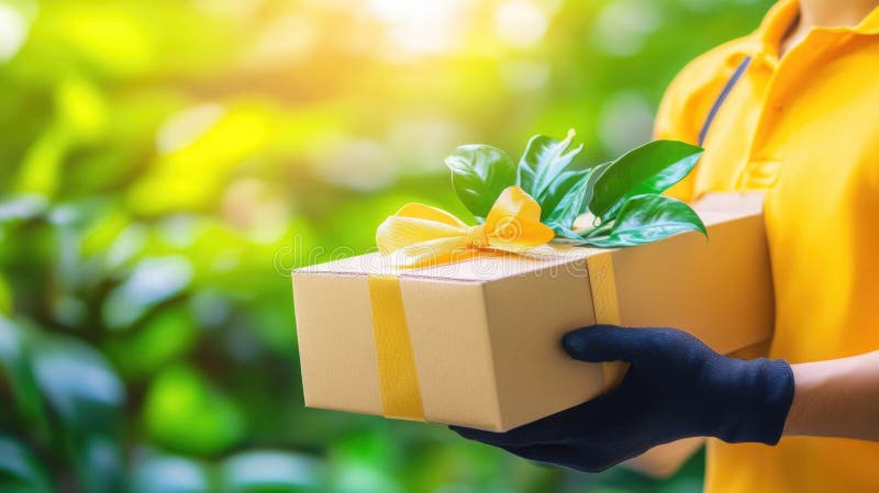 Delivery Service with Gift Box and Yellow Ribbon Outdoors Stock Image ...
