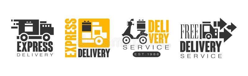 Delivery Service Label and Logo Black and Yellow Design Vector Set ...