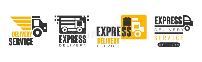 Delivery Service Label and Logo Black and Yellow Design Vector Set ...