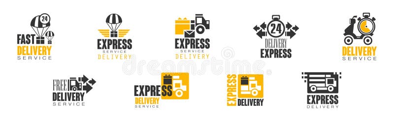 Delivery Service Label and Logo Black and Yellow Design Vector Set ...
