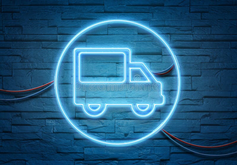 Delivery Service Neon Icon Illuminating a Brick Wall with Blue Glowing ...