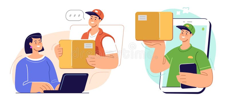 Woman Using Internet Orders Parcel from Courier. Delivery Service ...