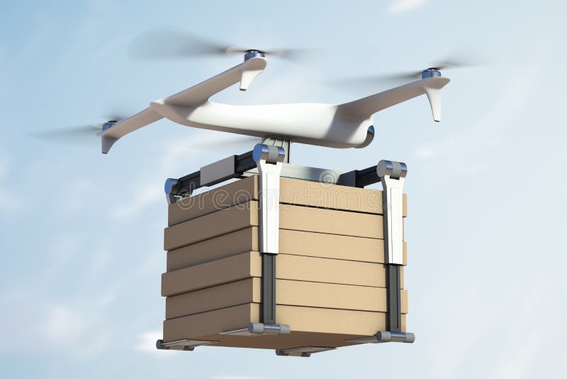Flying Automatic Drone Transports a Box Stock Photo - Image of design ...