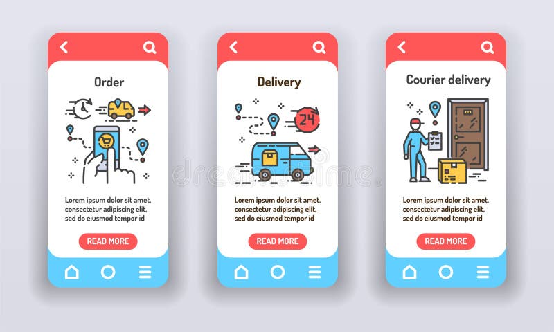 Delivery Services on Mobile App Onboarding Screens. Banners for Website ...