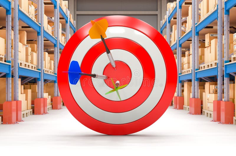 Delivery Strategy Concept. Goal and Arrows in Storehouse, 3D Rendering ...