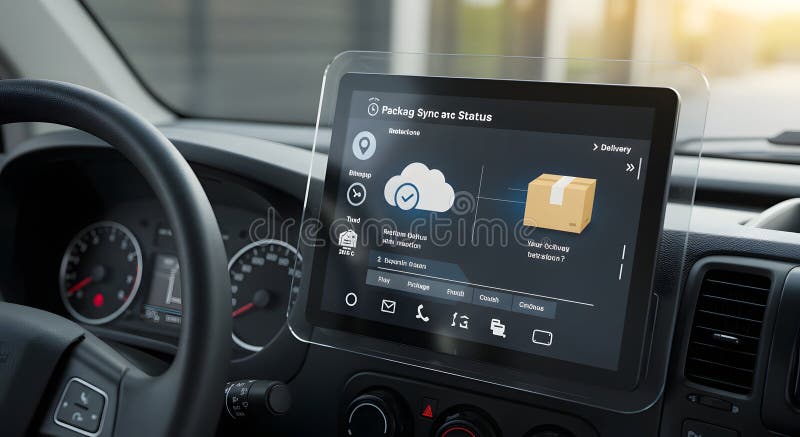Modern Car Dashboard with Delivery App Interface Stock Illustration ...