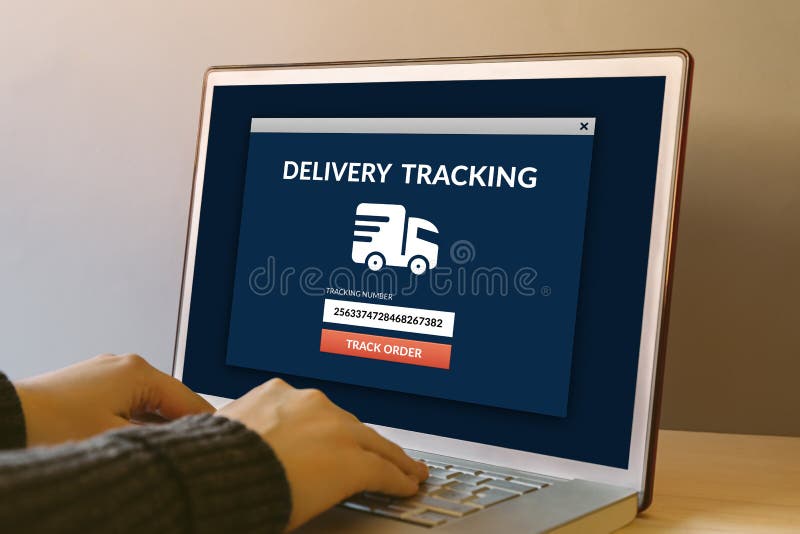 Delivery Tracking Concept on Laptop Computer Screen on Wooden Ta Stock ...