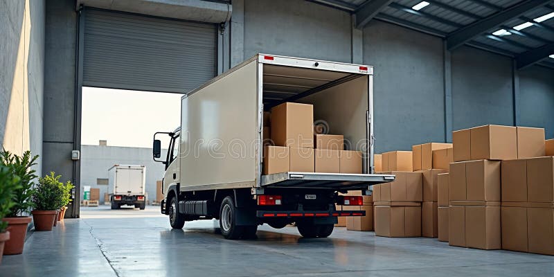 Delivery Truck Loading Boxes Inside a Modern Warehouse during Daytime ...