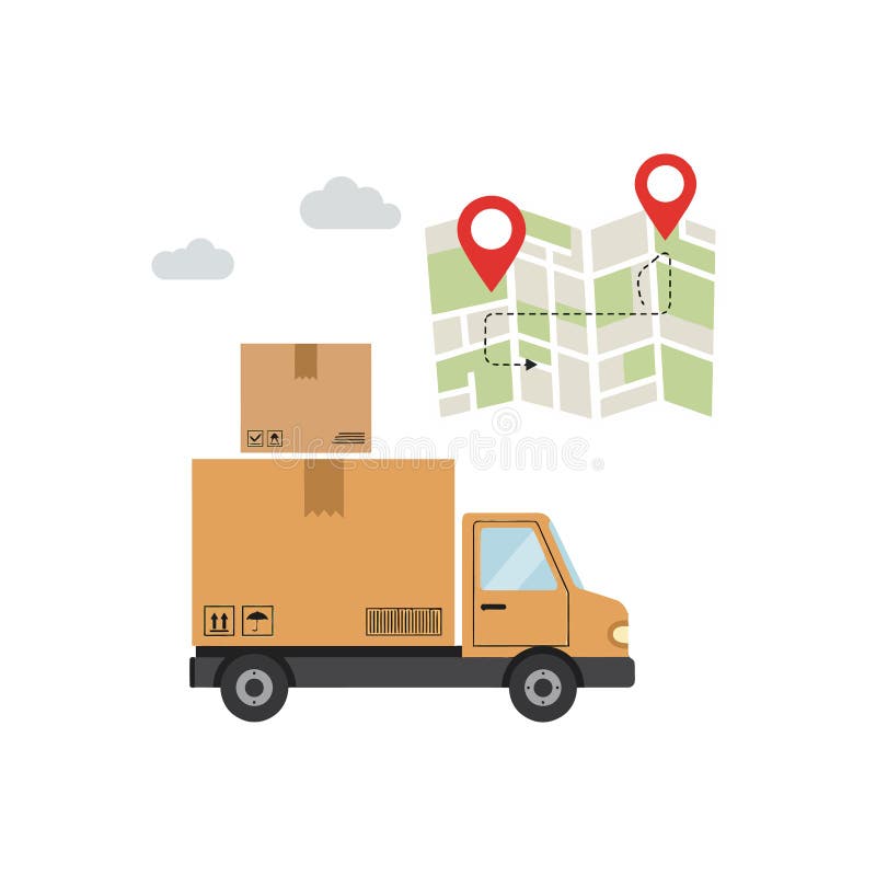 Delivery Truck Transporting Boxes with Map and Location Markers Vector ...