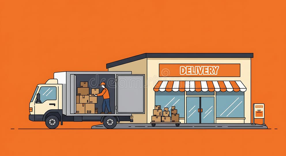 Delivery Truck Unloading Packages at a Store Stock Illustration ...