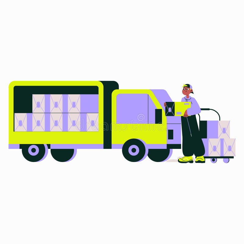 Delivery Truck with Worker Loading Boxes in Flat Vector Illustration ...