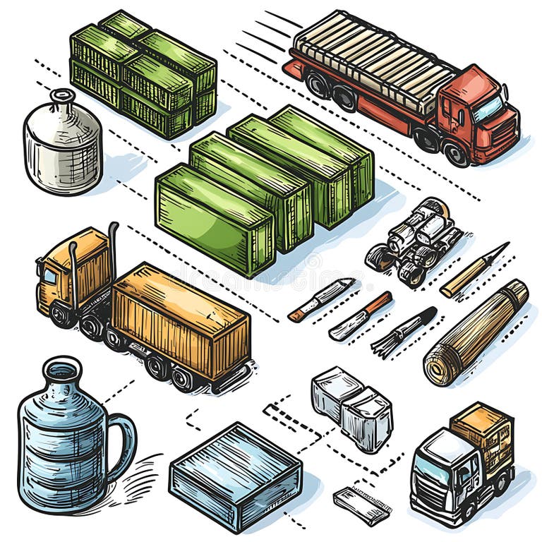 Delivery Trucks and Cargo in a Conceptual Logistic Workflow Stock Illustration - Illustration of ...