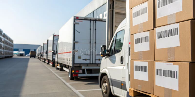 Delivery Trucks in Warehouse Loading Area with Cardboard Boxes and ...