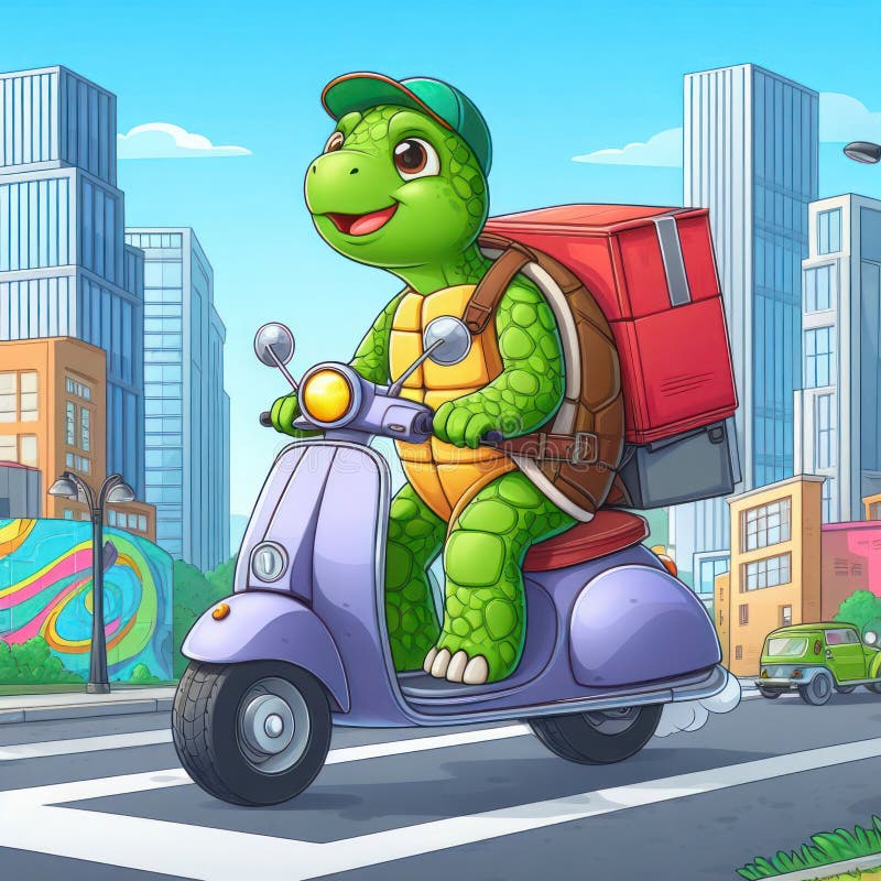 A Delivery Turtle Rides a Scooter Around Town Stock Illustration ...