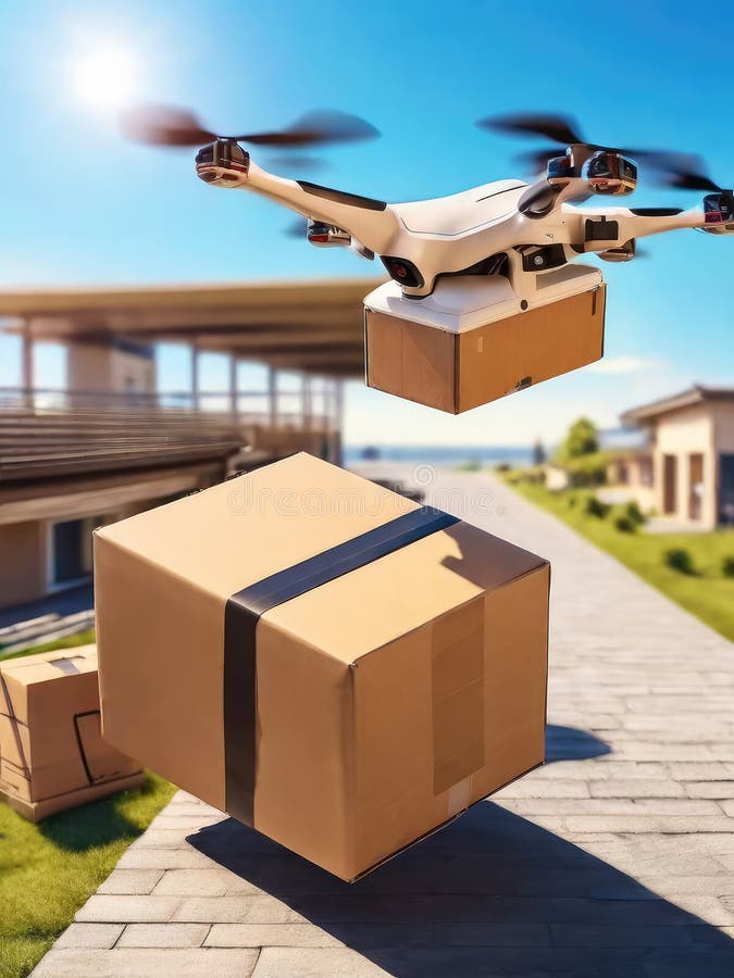 Delivery by the Unmanned Dron is Flying Over the City Stock Photo ...