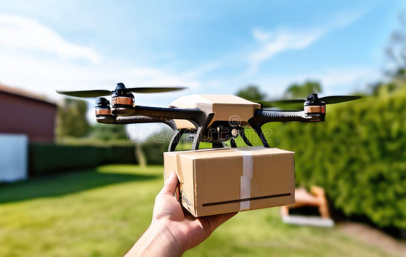 Delivery by the Unmanned Dron is Flying Over the City Stock ...