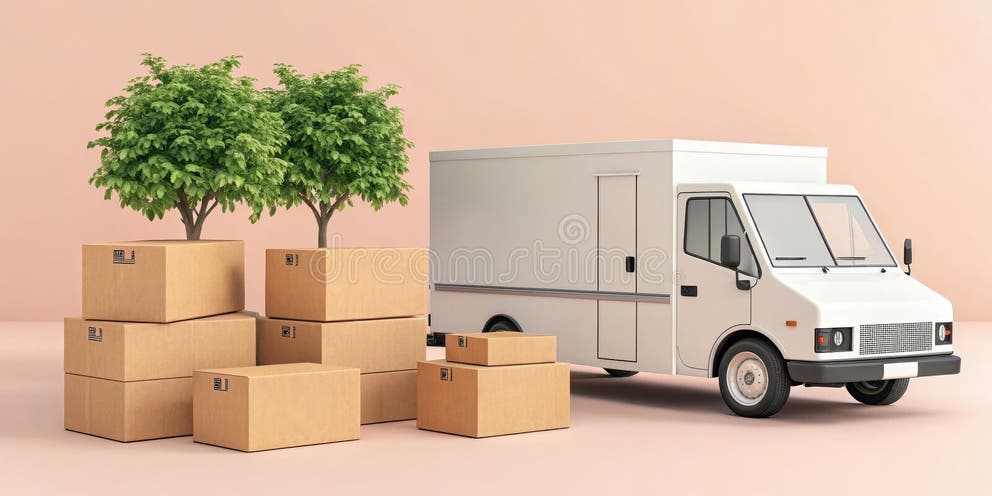 Delivery Van and Boxes with Tree, Shipping , Moving Stock Illustration ...