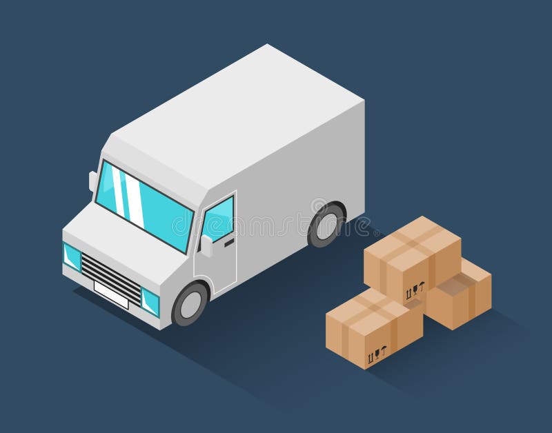 Delivery Van and Cardboard Packaging Isometric Icon Stock Vector ...
