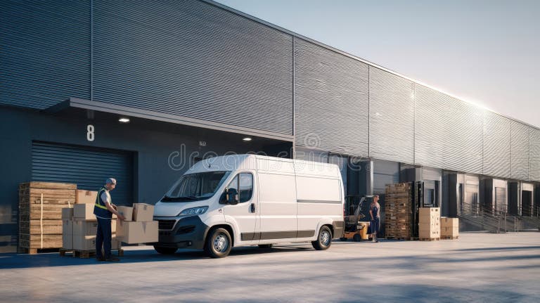 The Delivery Van Loading Packages Outside a Modern Warehouse Facility ...