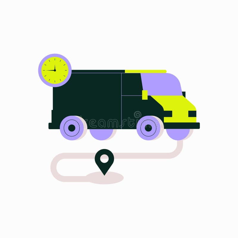 Delivery Van with Location Pin and Clock in Flat Vector Illustration ...