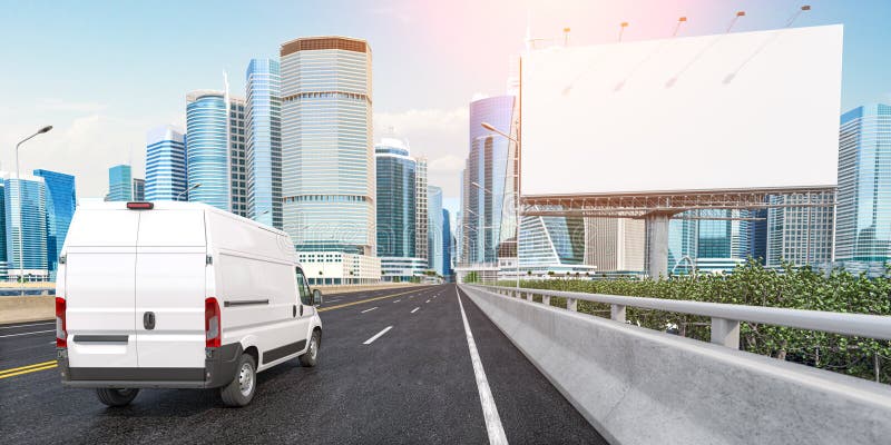 Delivery Van Moving To Downtown Skyscrapers and Empty Billboard ...