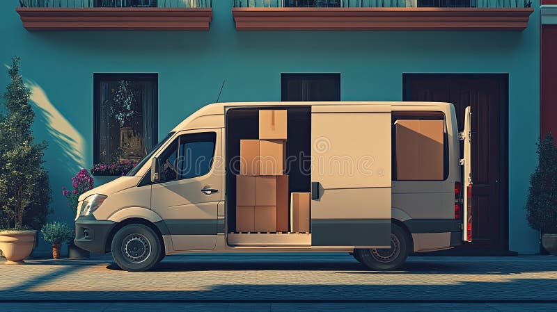 Delivery Van with Open Door with Cardboards Stock Illustration ...