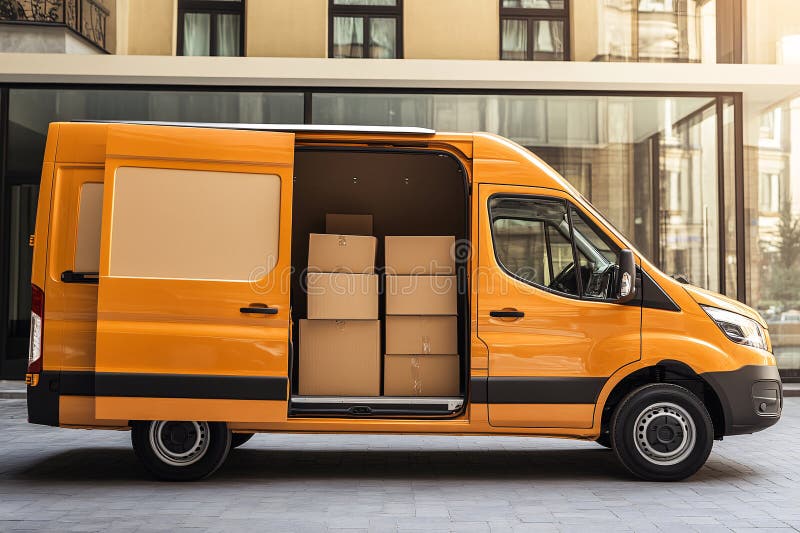 Delivery Van with Open Doors with Cardboard Boxes Stock Illustration ...