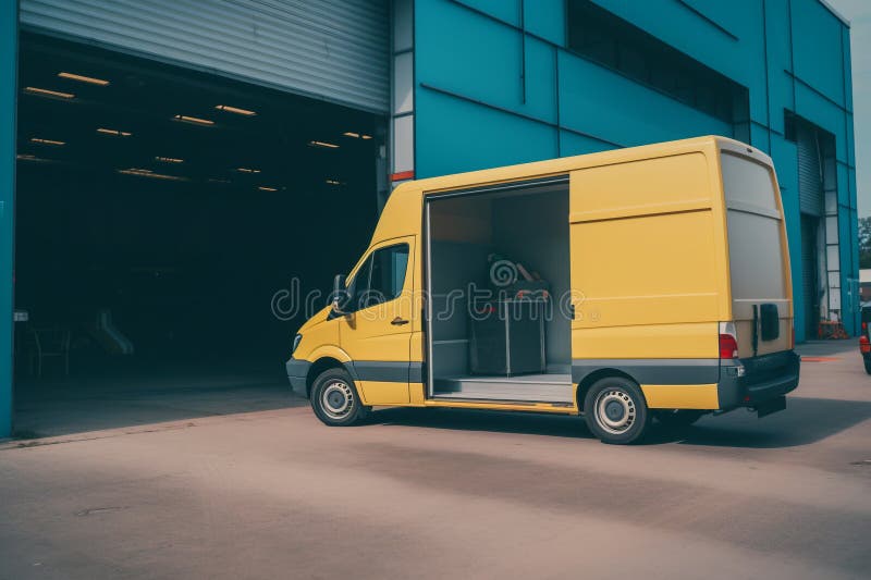 Delivery Van with Open Side Door. the Van Stands Near the Warehouse ...