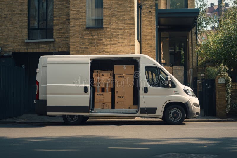 A Delivery Van Parked with Boxes Inside. the Scene Shows Urban ...
